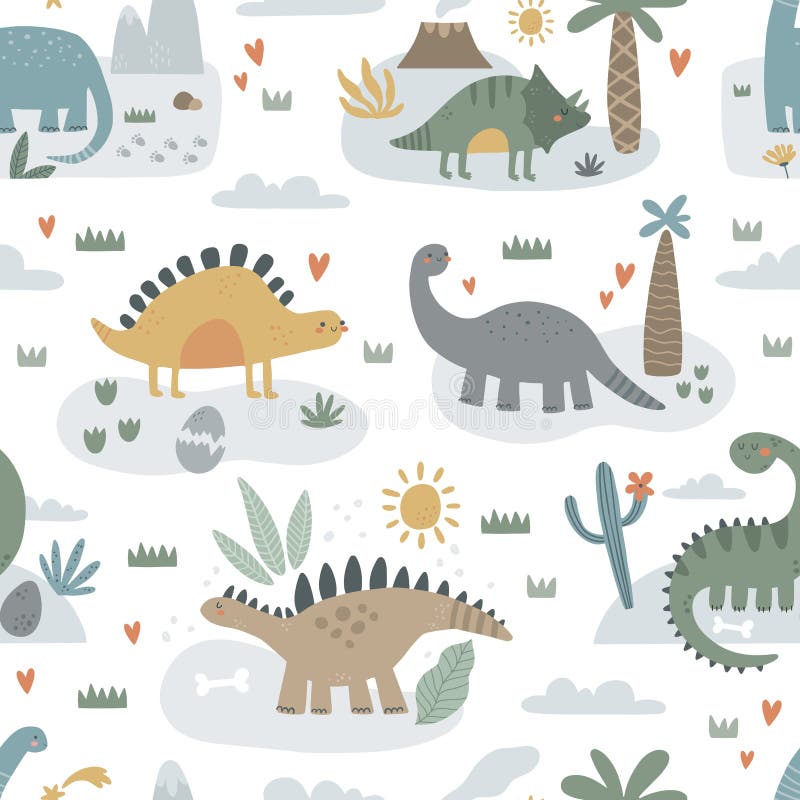 Vector Seamless Pattern with Cute Dinos on White Stock Vector ...
