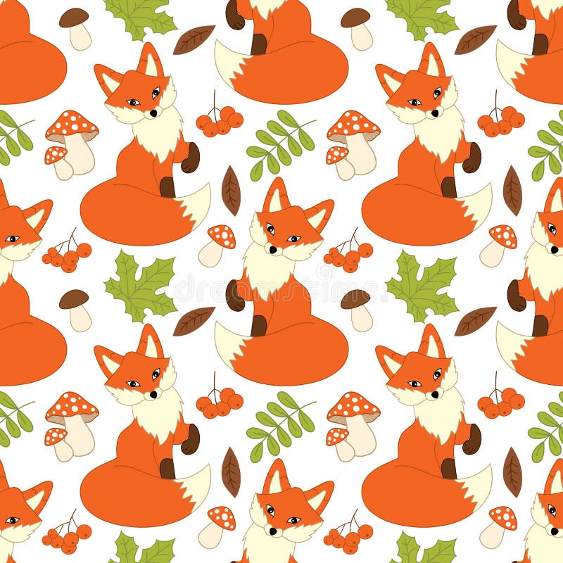 Vector Seamless Pattern with Cute Foxes, Mushrooms, Berries and Leaves. Forest Fox Seamless ...