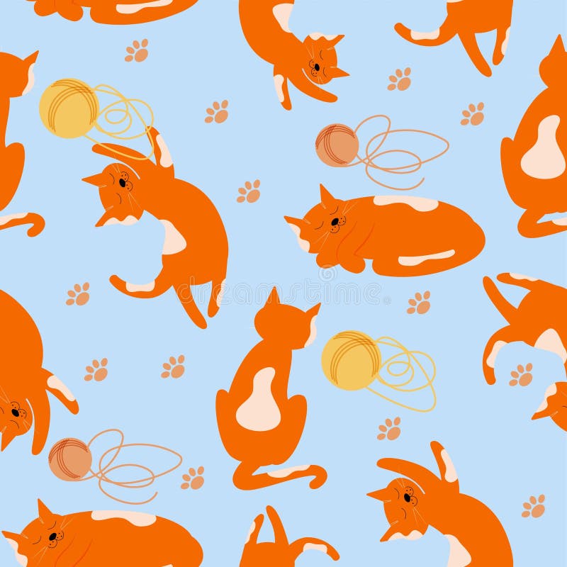 Vector Seamless Pattern with Cute Ginger Cat, Looking, Sleeping ...