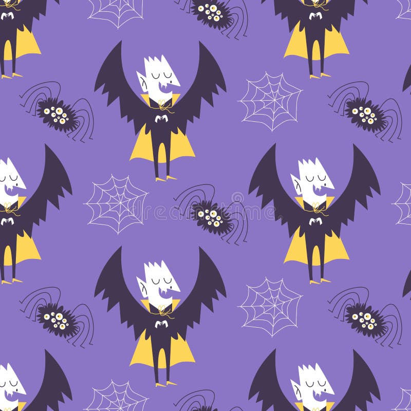 Vector Seamless Pattern with Cute Hand Drawn Halloween Characters Stock ...