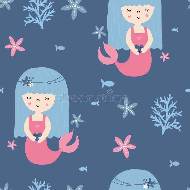 Mermaid Seamless Pattern Vector Illustrations Of Cute Fantastic Girls