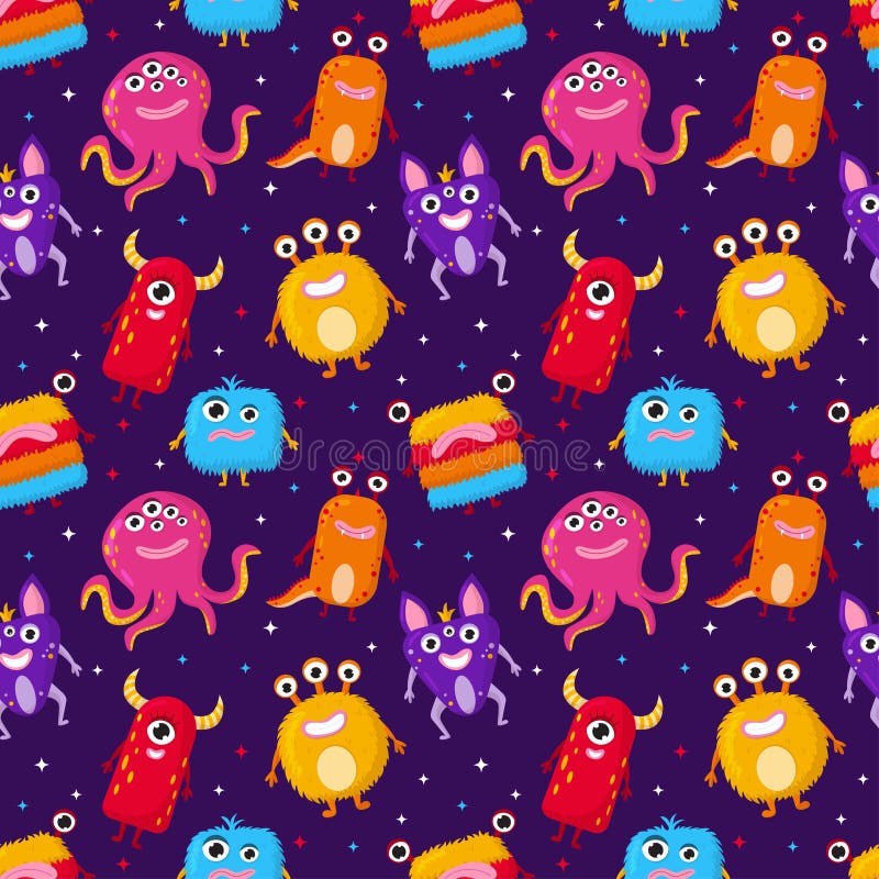Vector Seamless Pattern with Cute Monsters on Violet Background ...