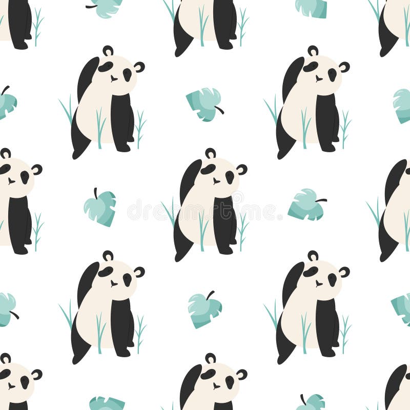 Vector Seamless Pattern with Cute Pandas, and Green Foliage. Stock ...