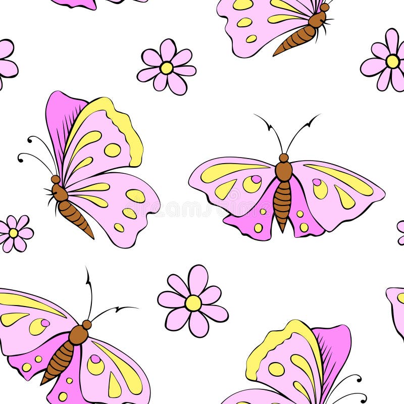 Vector Seamless Pattern of Cute Pink Butterflies and Flowers in Flat ...