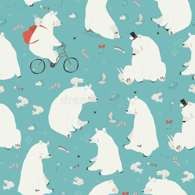 Seamless Pattern with Cute Polar Bears and Rabbits Enjoying Winter Stock Vector - Illustration ...