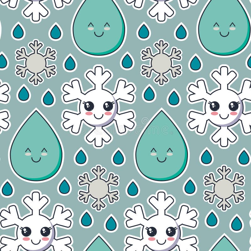 Vector Seamless Pattern with Cute Smiling Snowflake, Rain Drop Faces ...
