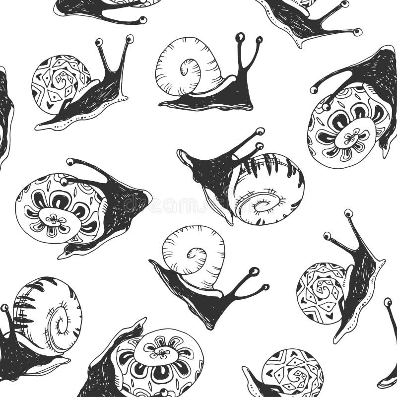 Vector Seamless Pattern with Cute Snails Isolated on White. Hand Drawn ...