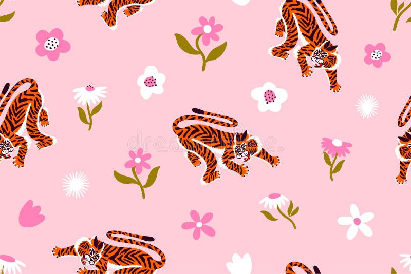 Vector Seamless Pattern with Cute Tigers, Flowers. Perfect for ...
