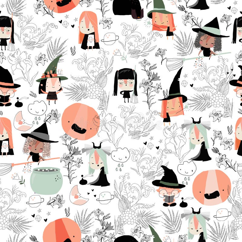 Seamless Pattern with Cute Witches in Flowers on White Background Stock ...