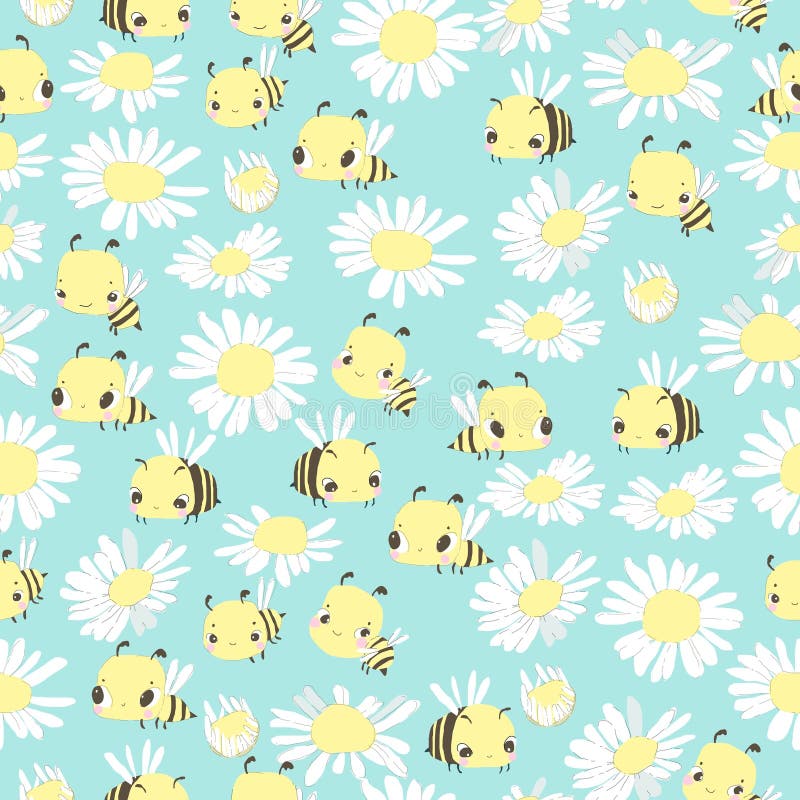 Seamless Pattern with Daisy Flower and Bees Cartoon on Blue Background ...