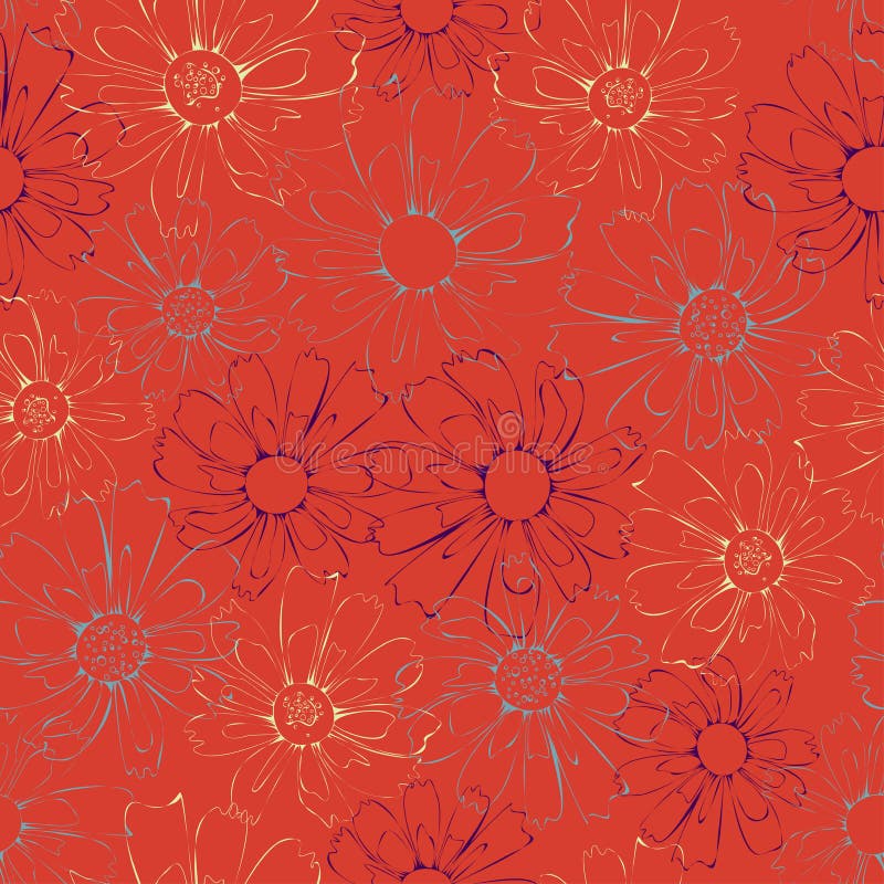Vector Seamless Pattern with Daisy Flowers Silhouettes on Red ...