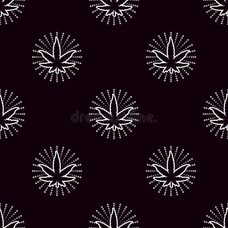 Vector Seamless Pattern. Sheet of Cannabis with Ornate Rays on a Black ...