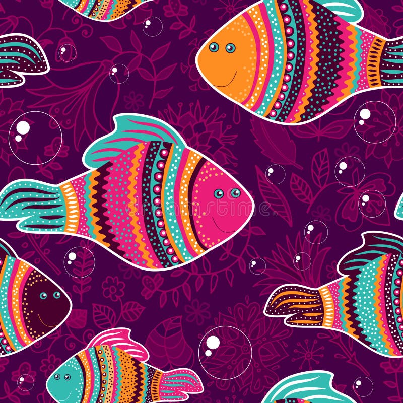 Vector Seamless Pattern with Decorative Fishes. Colorful Sea Backdrop ...