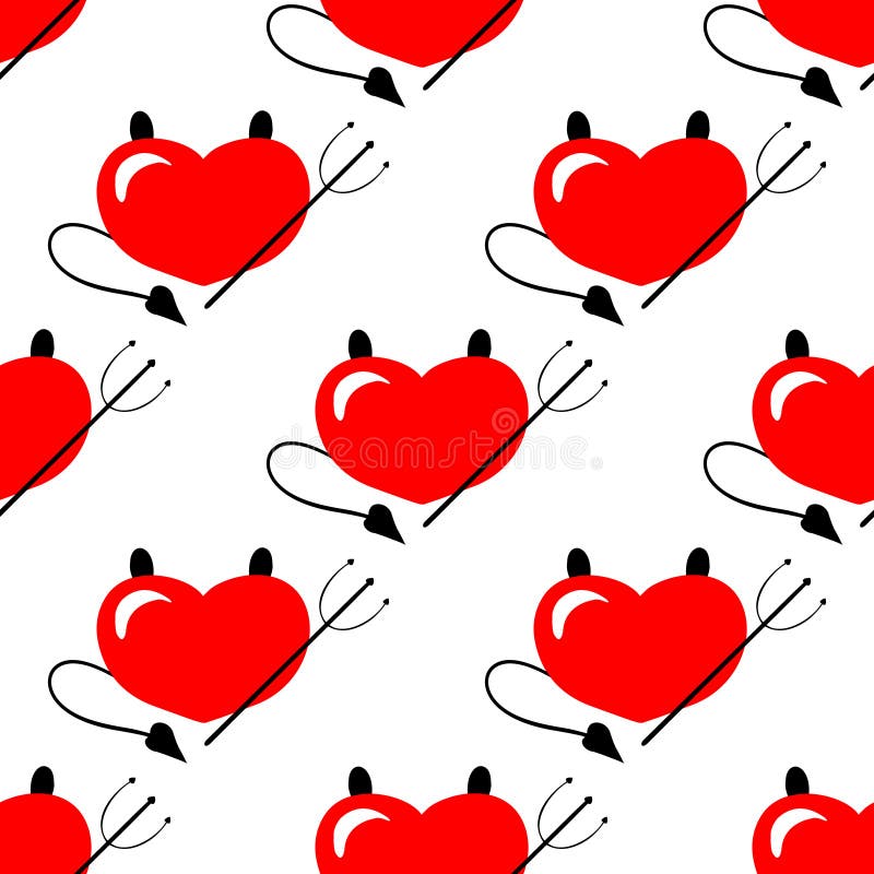 Vector Seamless Pattern of Devil Heart with Horns, Tail and Trident in ...