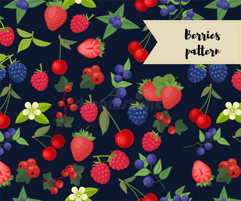 Vector Seamless Pattern with Different Berries. Strawberry, Raspberry ...