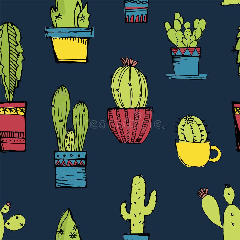 Vector Seamless Pattern with Different Cactus. Bright Repeated Texture ...