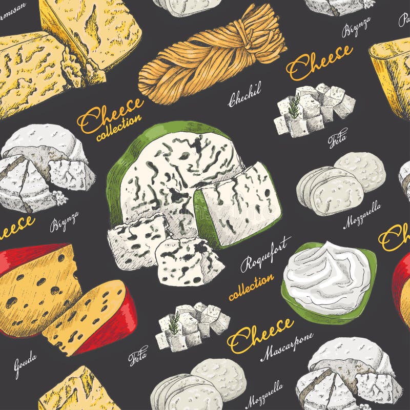 Vector Seamless Pattern with Different Color Cheeses in Sketch Style ...