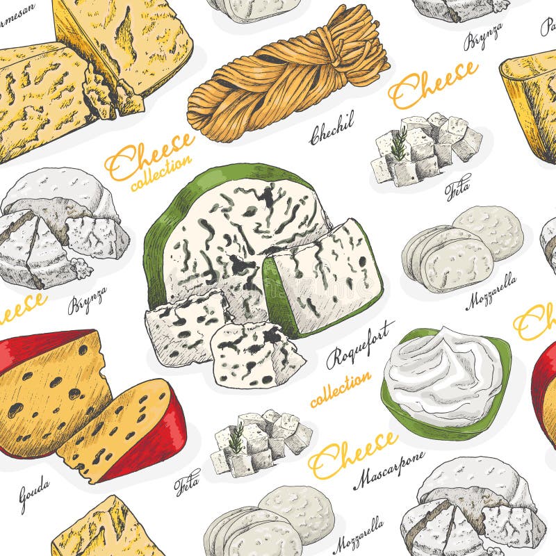 Vector Seamless Pattern with Different Color Cheeses in Sketch Style ...