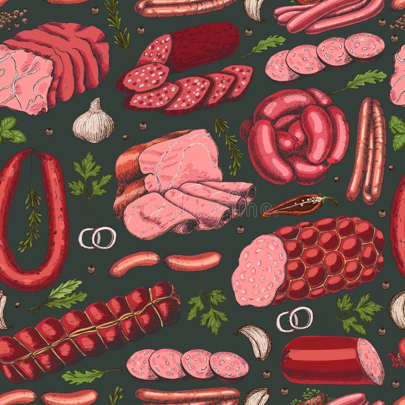 Vector Seamless Pattern With Different Color Meat Products In Sketch
