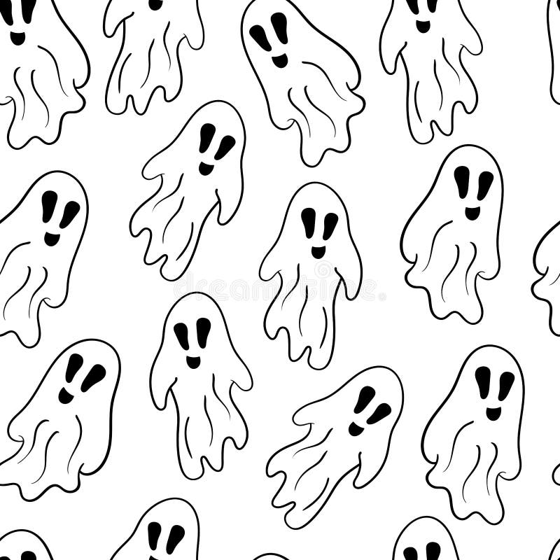 Seamless Pattern with Doodle Ghosts, Coloring Page Stock Vector ...