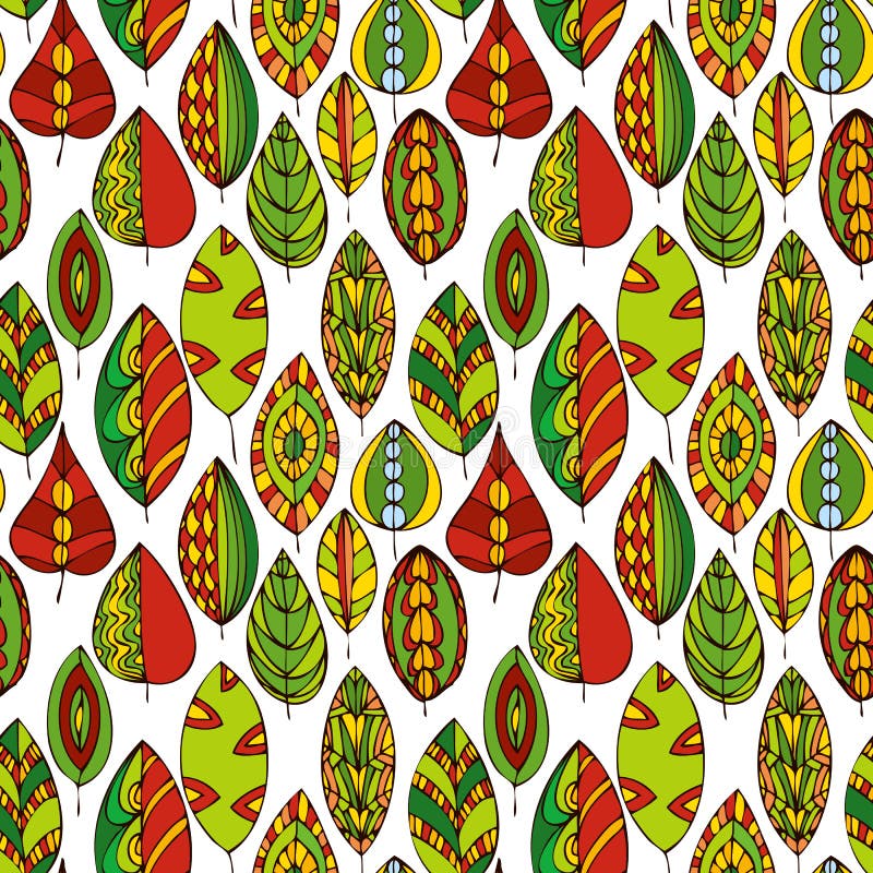 Vector Seamless Pattern with Doodle Leaves Stock Vector - Illustration ...