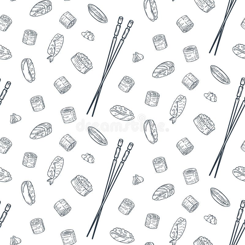 Vector Seamless Pattern With Doodle Sushi Engrave Asian Food Stock