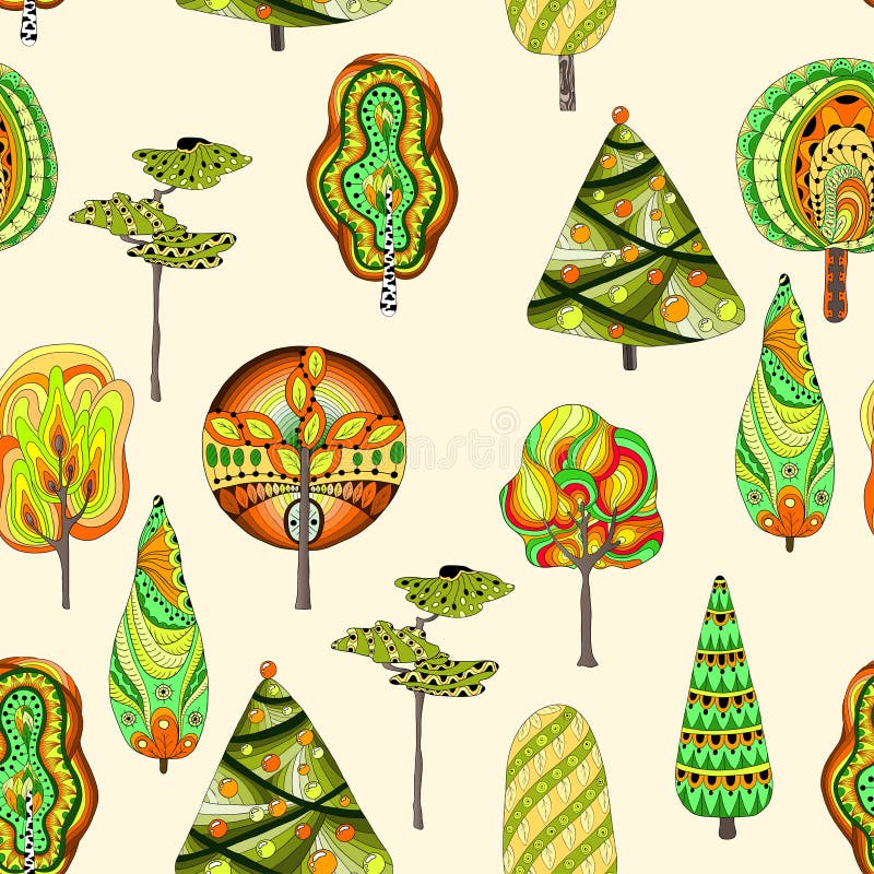 Vector Seamless Pattern with Doodle Trees Stock Vector - Illustration ...