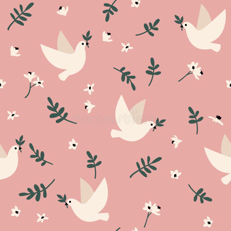 Vector Seamless Pattern with Doves, Flowers and Leaves Stock Vector - Illustration of leaf ...