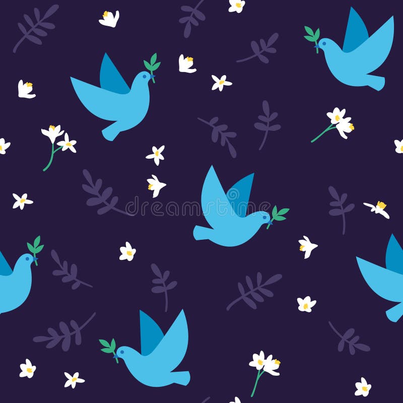 Vector Seamless Pattern with Doves, Flowers and Leaves Stock Vector - Illustration of branch ...