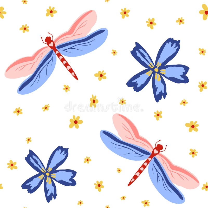 Vector Seamless Pattern with Dragonflies and Flowers Stock Vector ...