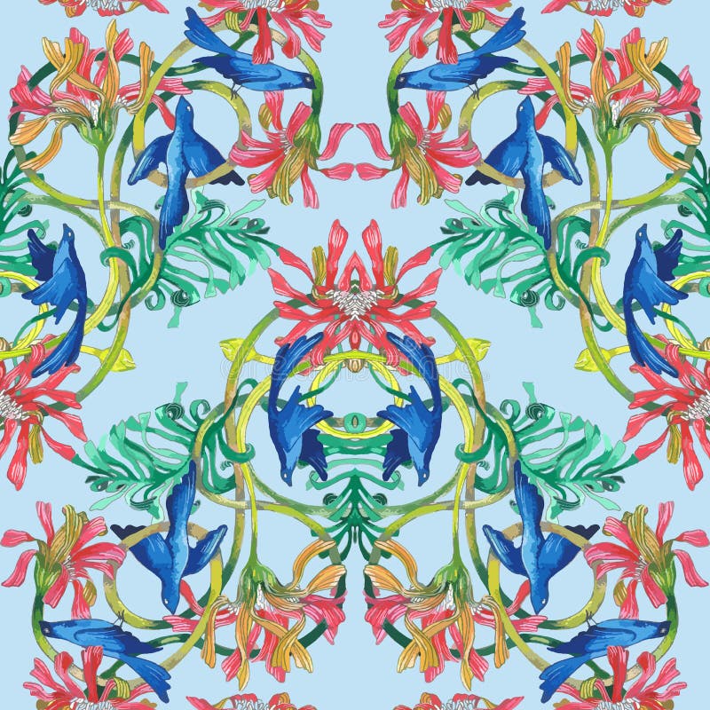 Vector, Seamless Pattern of Drawn Intertwined Branches of Blooming ...