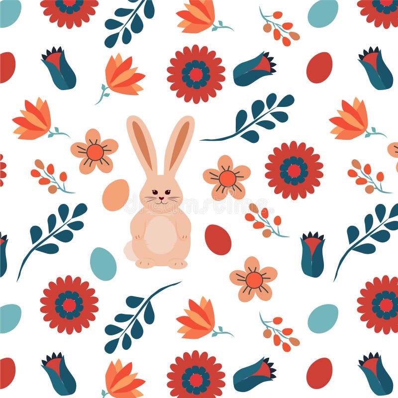 Vector Seamless Pattern Easter Bunny with Flower and Eggs Stock Vector ...
