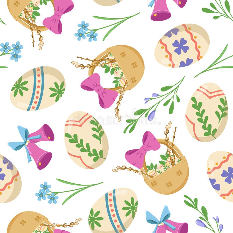 Vector Seamless Pattern with Easter Eggs and Baskets. Easter Egg Hunt Invitation Template on ...