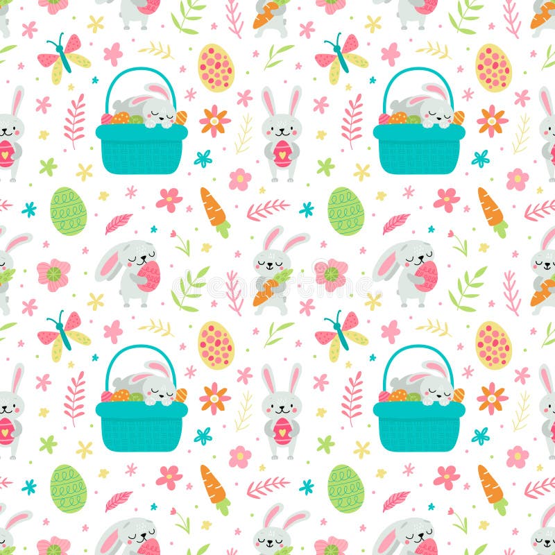 Vector Seamless Pattern for Easter with Rabbits and Eggs and Spring ...