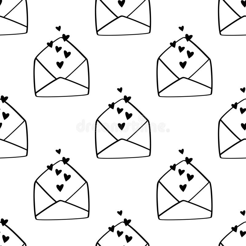 Vector Seamless Pattern with Envelopes and Hearts. Black and White Love ...