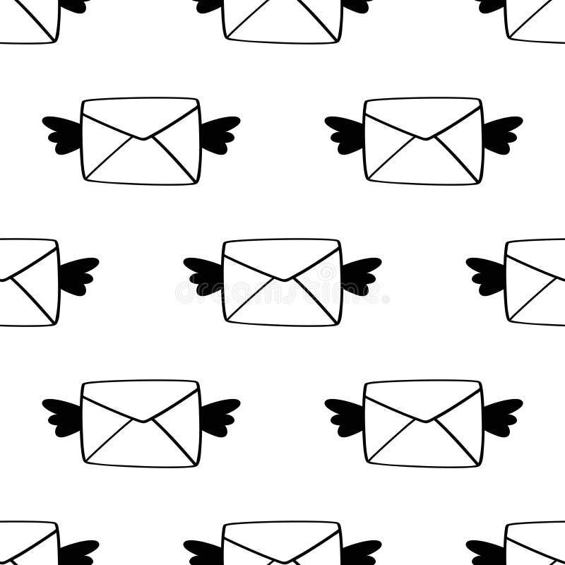 Vector Seamless Pattern with Envelopes and Hearts. Black and White Love ...