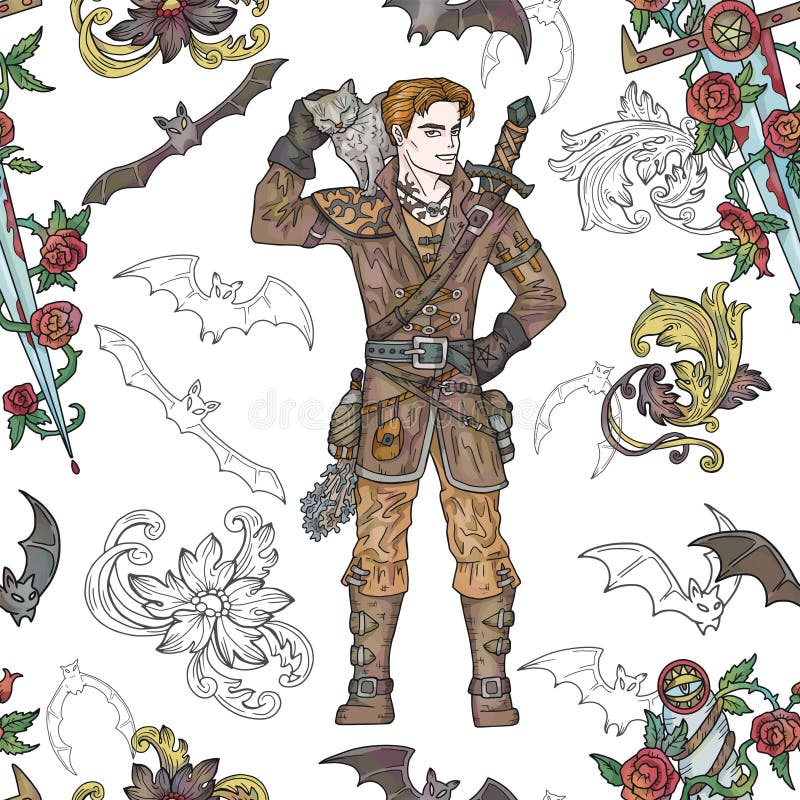 Vector Seamless Pattern with Fantasy Illustrations of Vampire Hunter ...