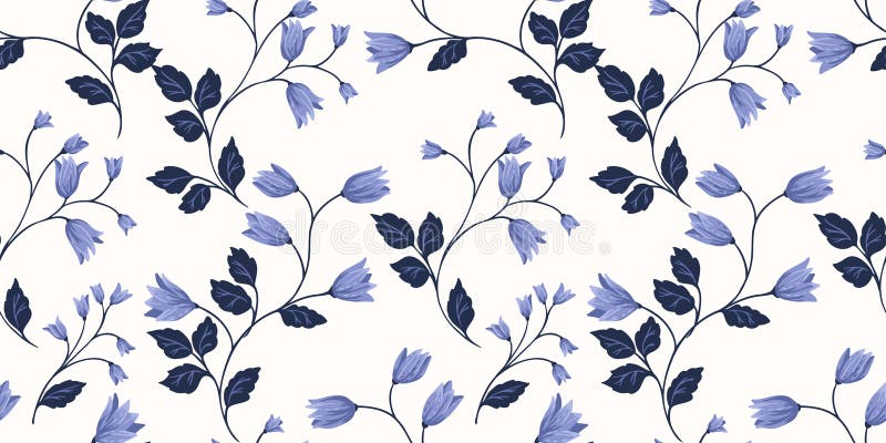 Vector Seamless Pattern Featuring Blue Floral Stems Motifs and Navy ...