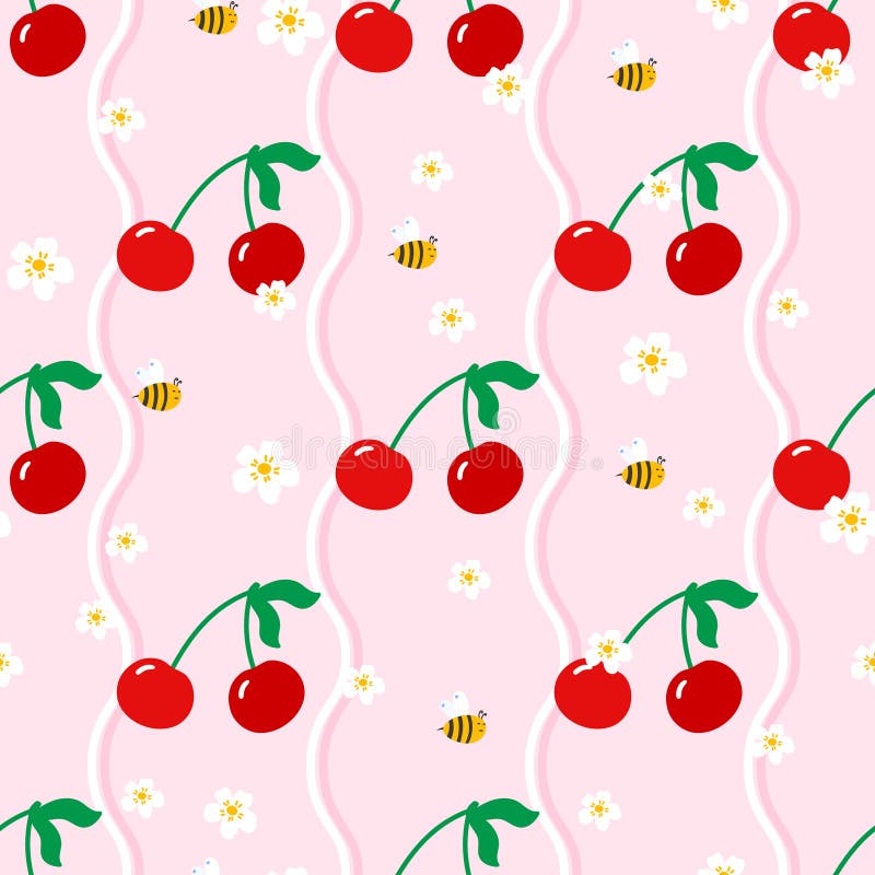 Vector Seamless Pattern Featuring Sweet Cherries and Botanical Elements. Ideal for Picnic ...