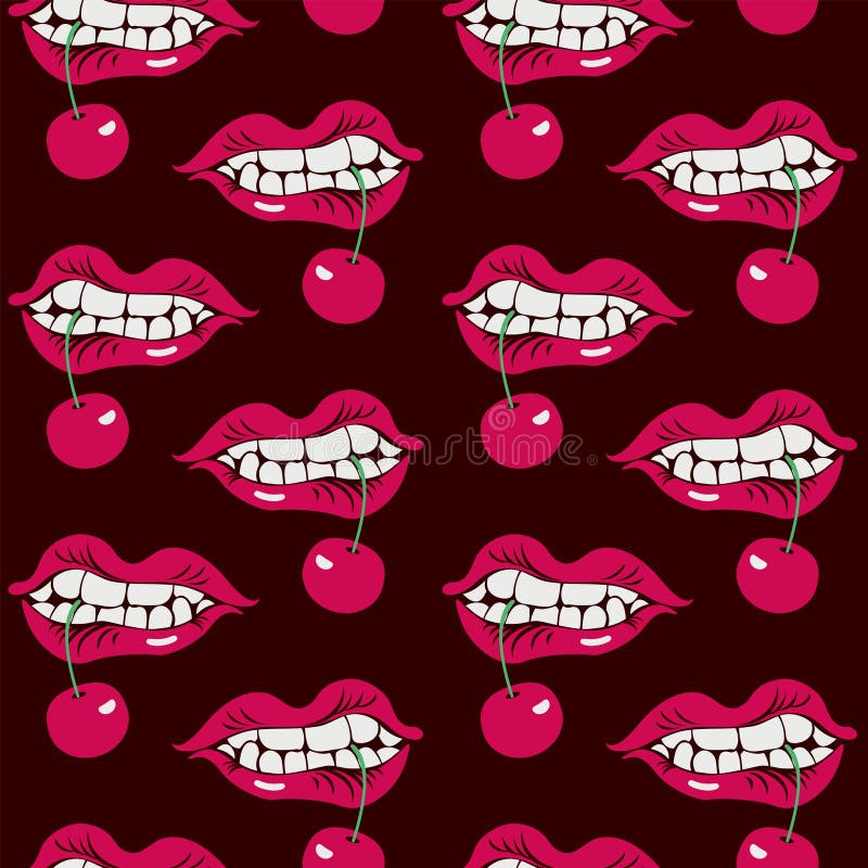Seamless Pattern with Female Mouth and Cherry in Teeth Stock Vector ...