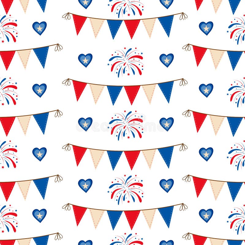Vector Seamless Pattern of Fireworks, Flags and Balloons in Red White ...