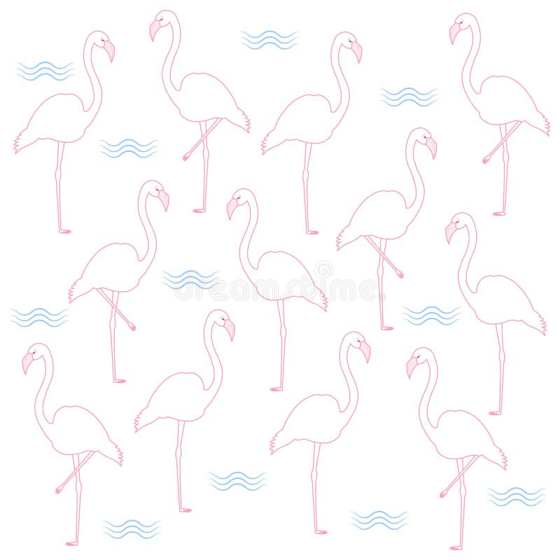 Vector Seamless Pattern with Flamingo and Blue Waves on White ...