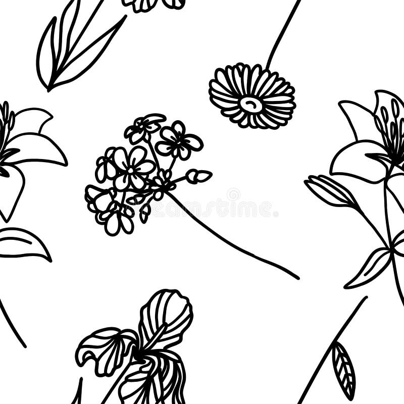Vector Seamless Pattern with Flowers in Outline Style Stock Vector ...