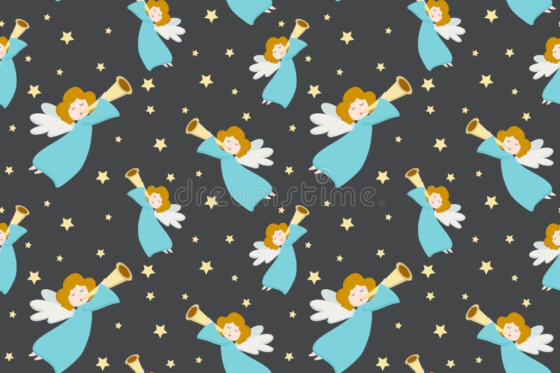 Vector Seamless Pattern with Flying Angels in Blue Clothes and Golden ...