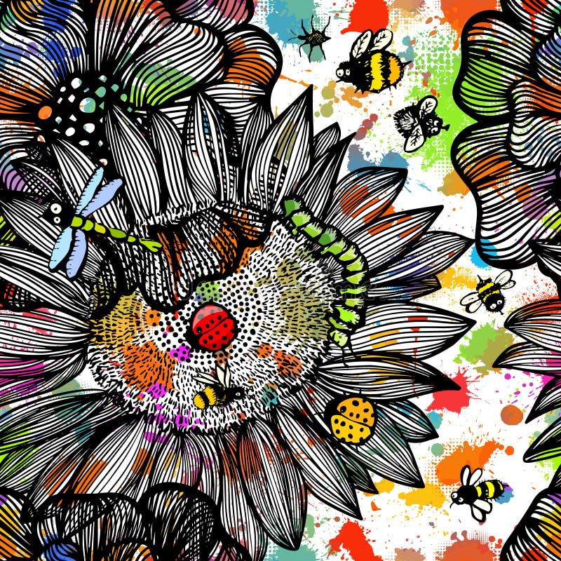 Vector Seamless Pattern With Flying Cartoon Bees And Flowers Isolated