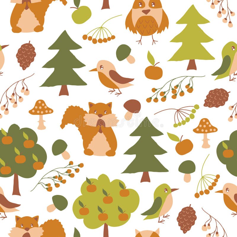 Vector Seamless Pattern with Forest Flora and Fauna Stock Vector ...