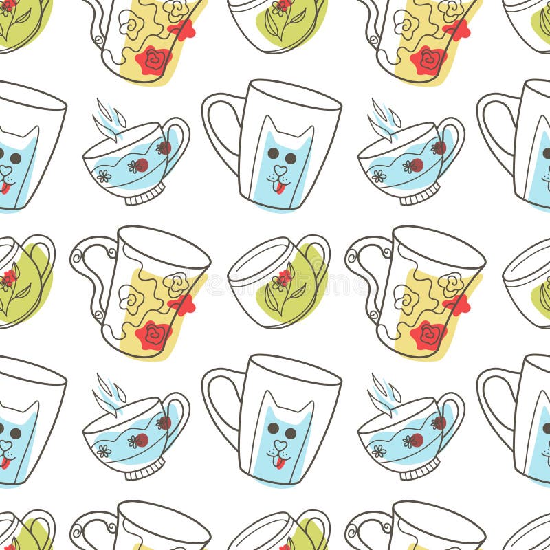 Vector Seamless Pattern on the Fun Cups for Tea and Coffee Stock Vector ...