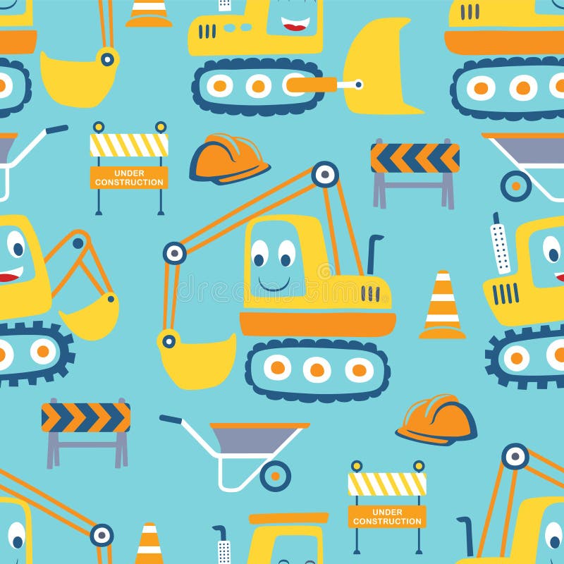 Vector Seamless Pattern of Funny Construction Vehicles Cartoon with ...