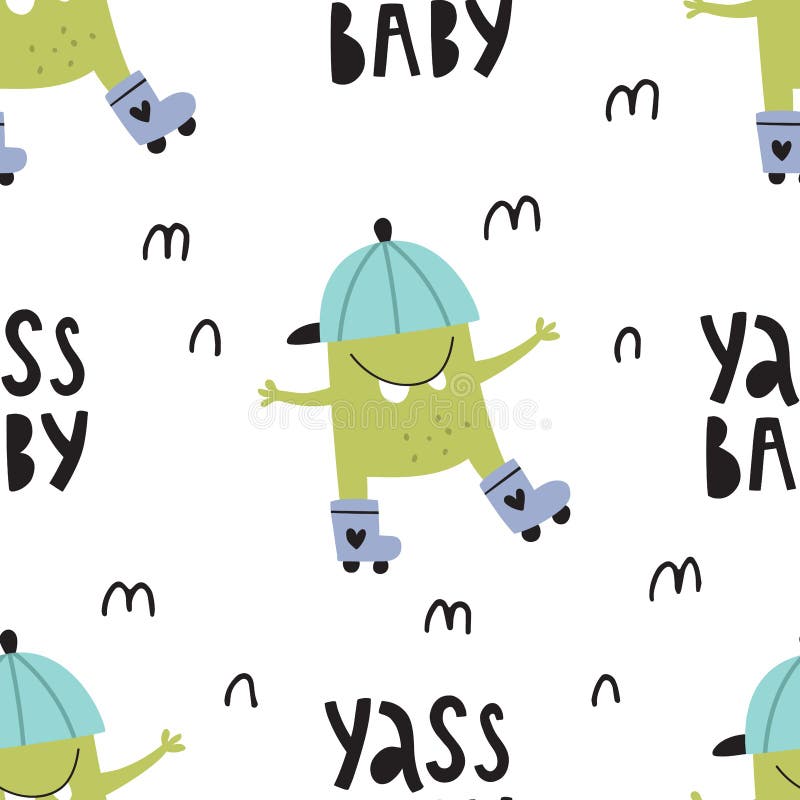 Vector Seamless Pattern Funny Monsters and Text Stock Vector ...