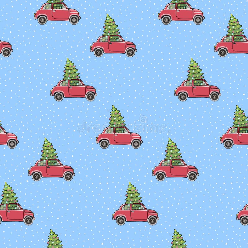Vector Seamless Pattern with Funny Red Car Carring Christmas Tree ...